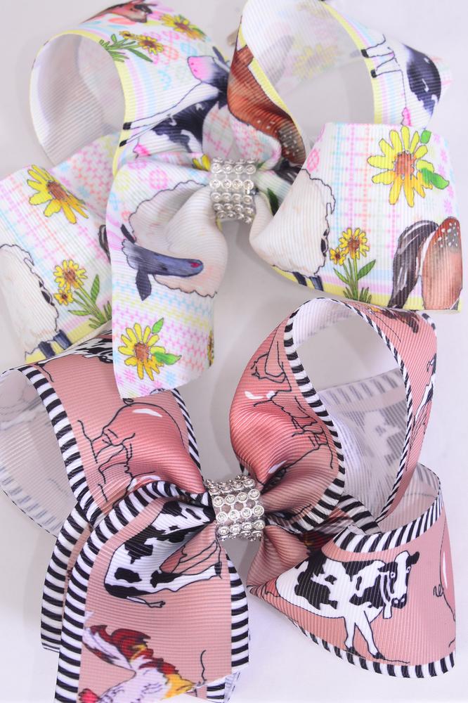 Hair Bow Jumbo Cute Farm Animals Cow Horse Sheep Piggy Rooster Pattern ...