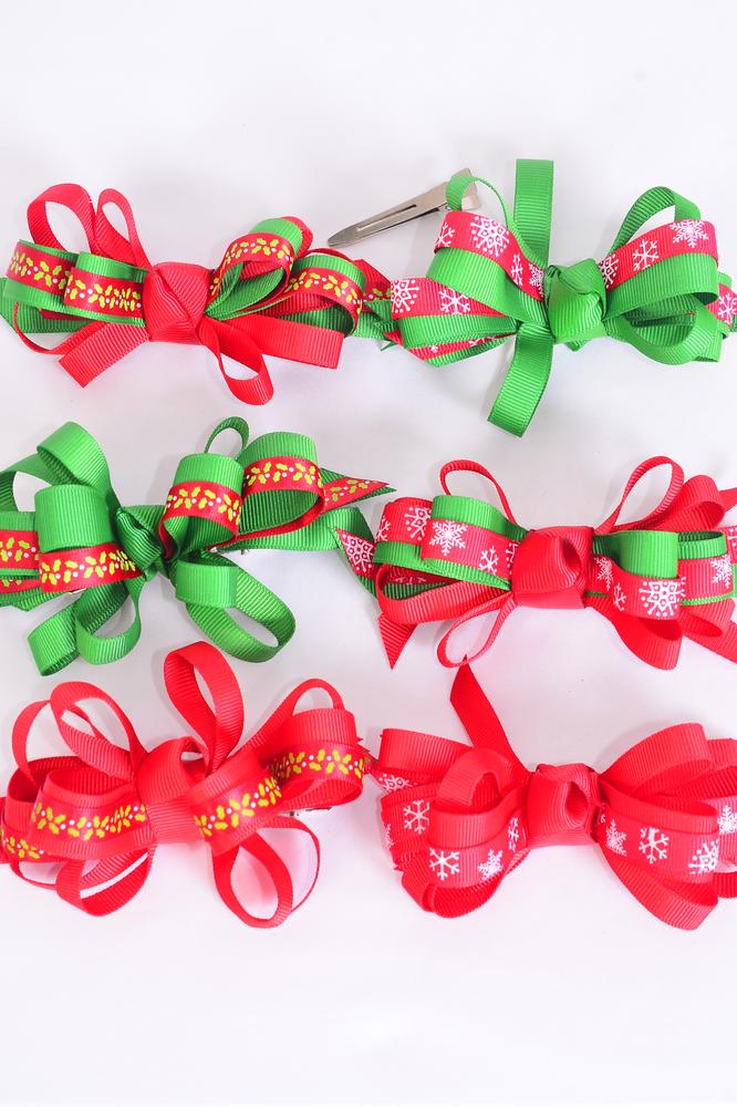 Hair Bow Large Christmas Loop Bow Holly Snowflake Mix Grosgrain Bow ...