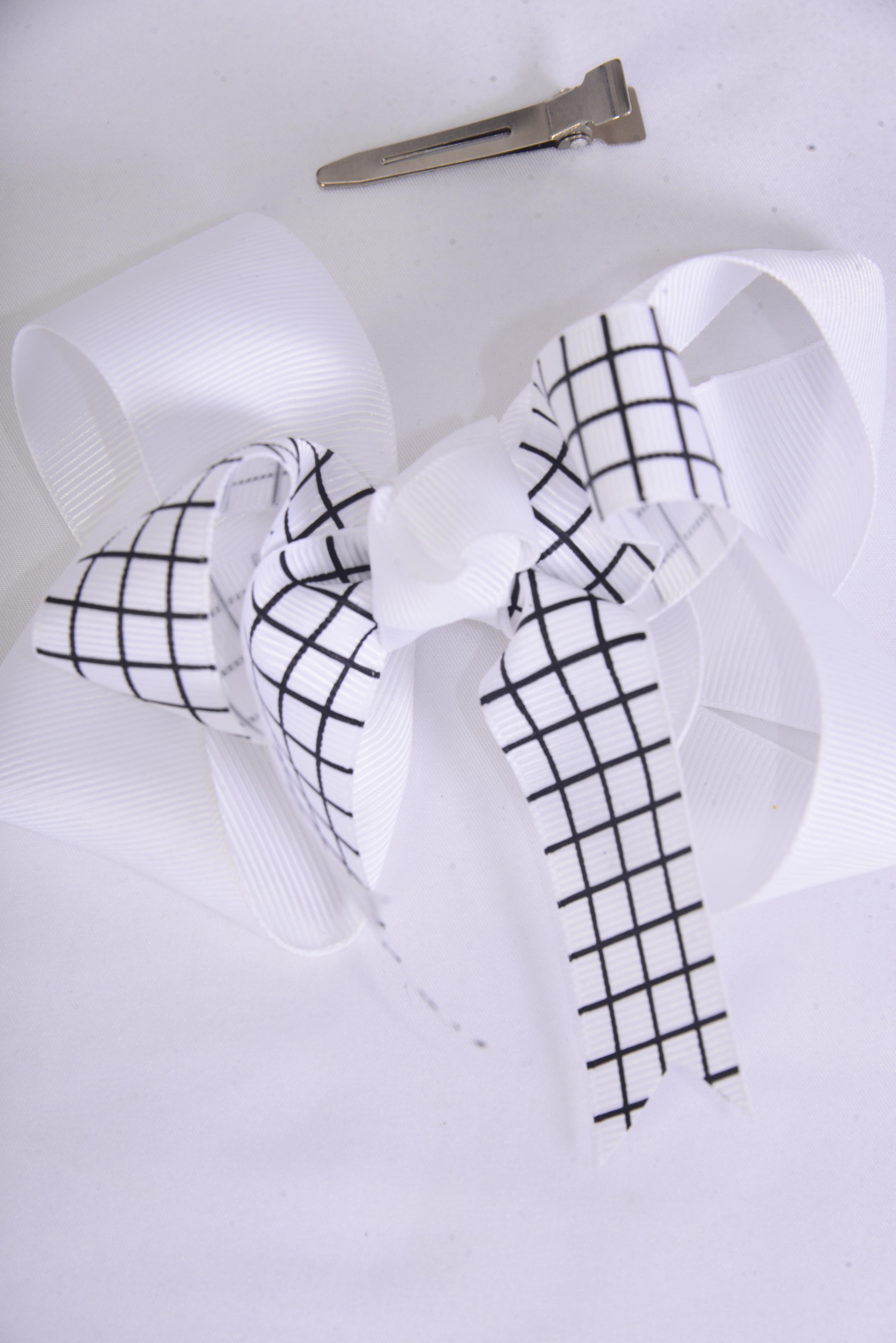 Hair Bow Jumbo White Grid Double Layered Grosgrain Bow-tie White / 12 ...