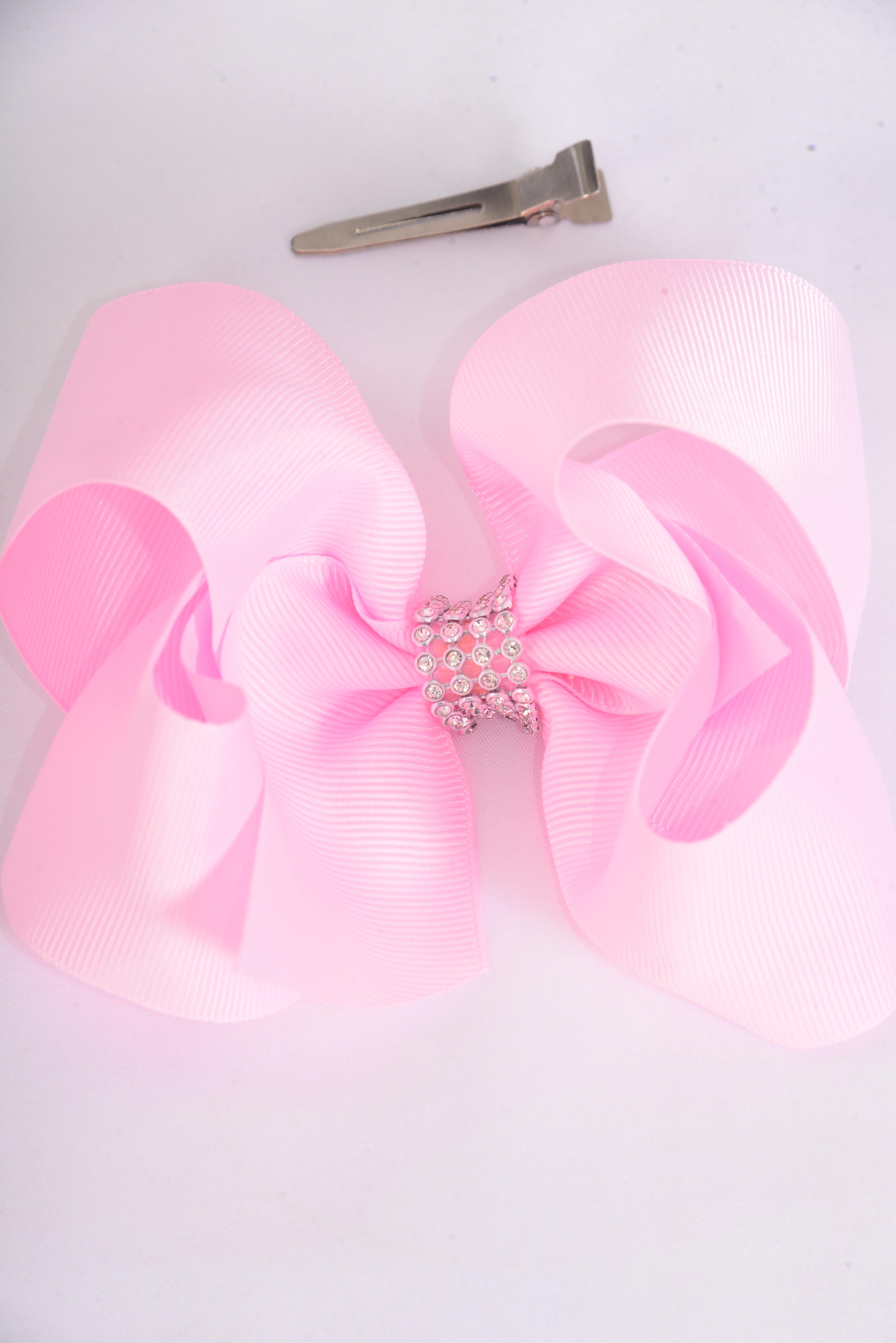 Hair Bow Jumbo Center Clear Stones Baby Pink Grosgrain Bow-tie / 12 pcs ...