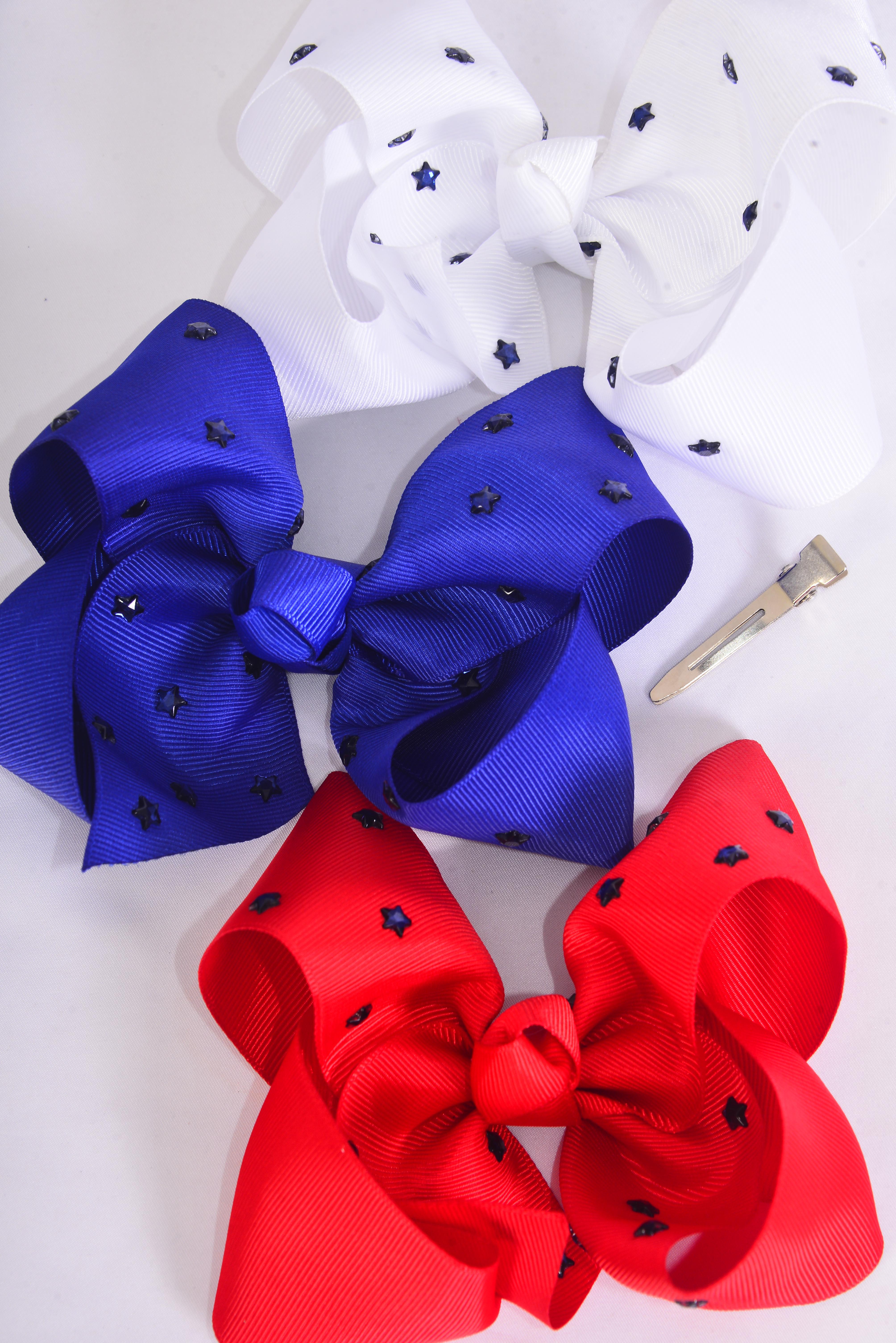 Hair Bow Jumbo Patriotic Studded Blue Stars Grosgrain Bow-tie / 12 pcs ...