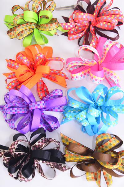 Hair Bow Loop Bow Grosgrain Satin Checkerboard Mix Grosgrain Bow Multi ...
