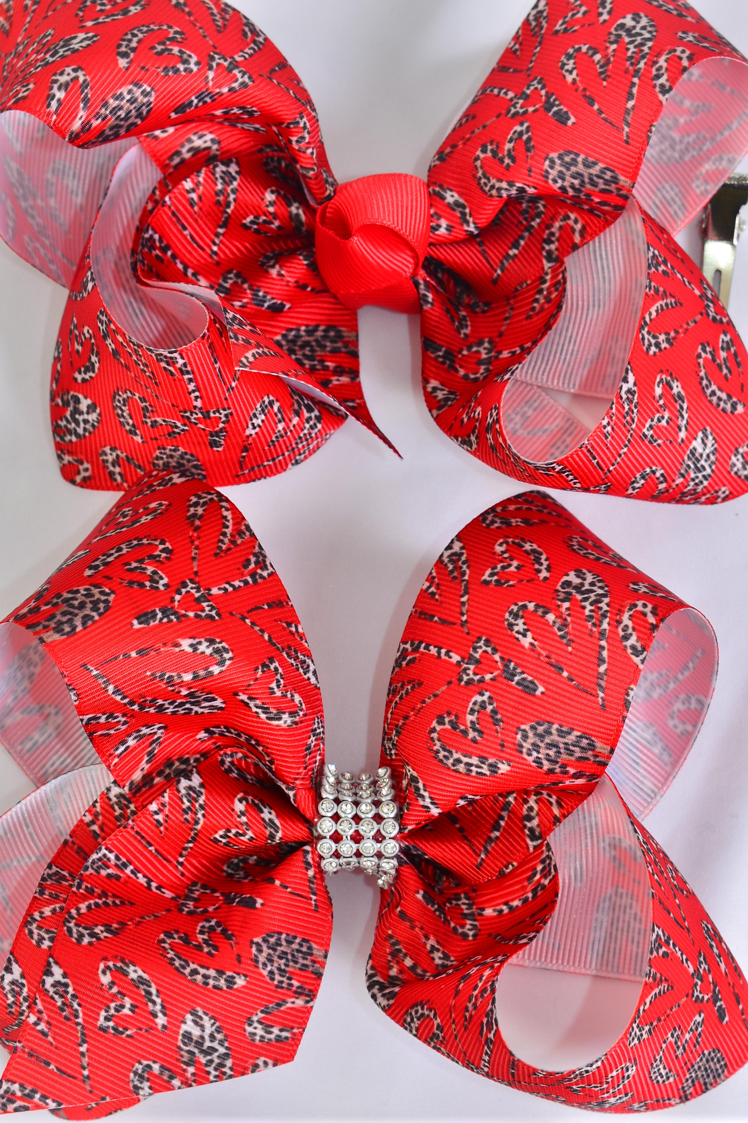 Hair Bow Jumbo Red w Leopard Heart Grosgrain Bow-tie / 12 pcs Bow ...