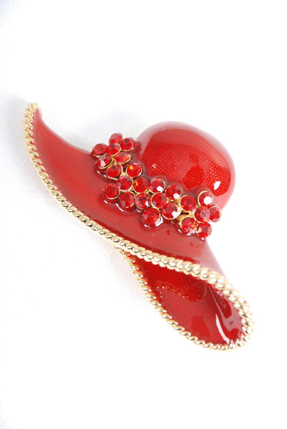 Brooch Large Red Hat Enamel Rhinestones / PC size - 3" x 1.50" Wide ...