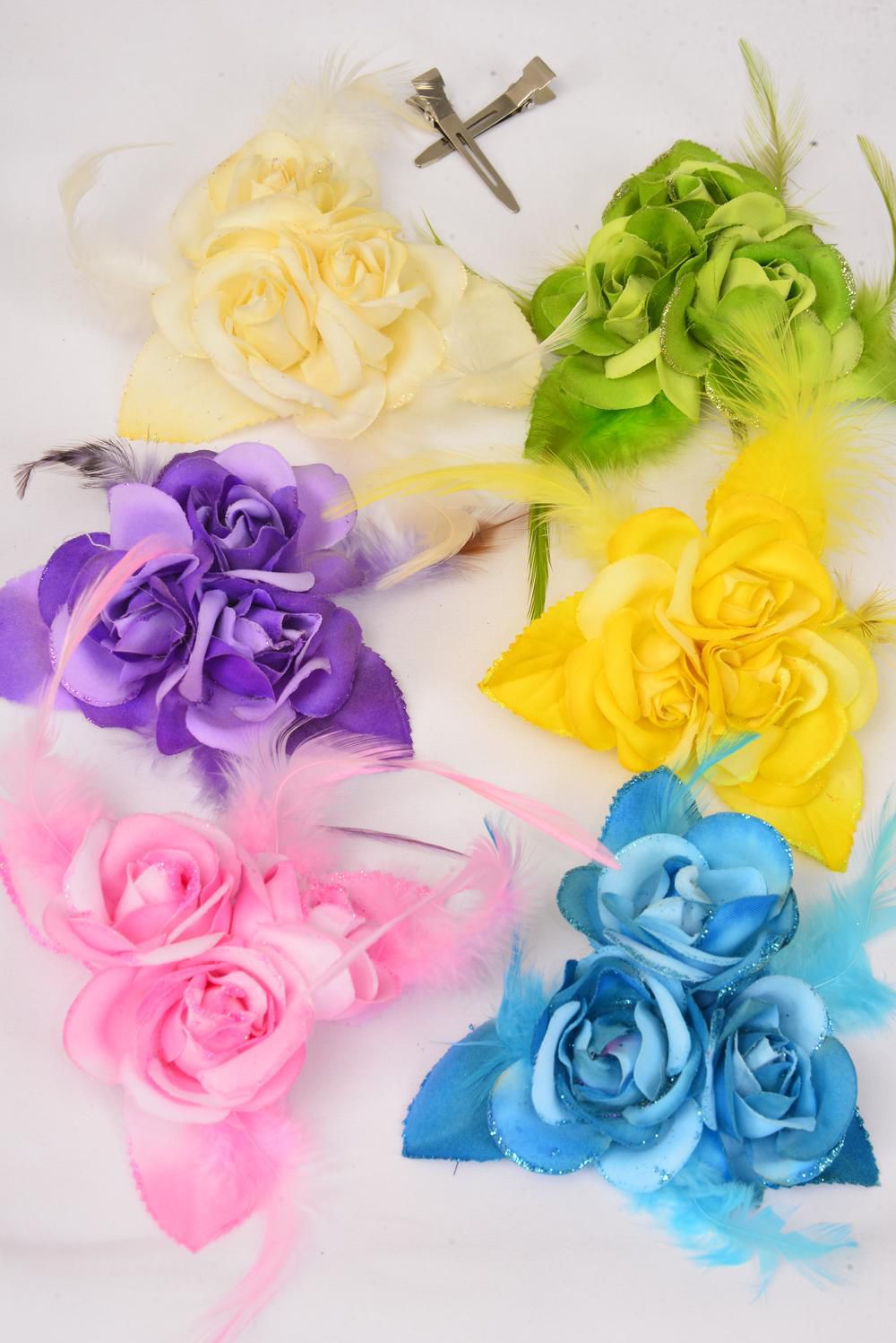 Flower Silk Flower Feather 3 Roses Alligator Clip Pastel / 12 pcs ...