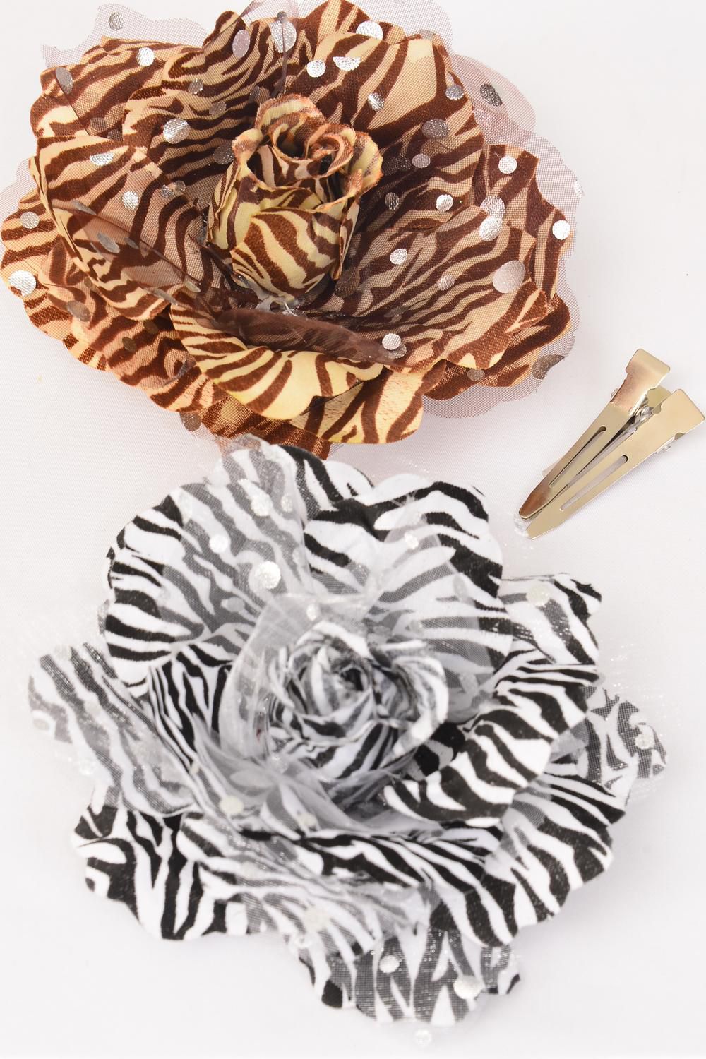Flower Zebra Print Alligator Clip Brooch mix / 12 pcs Flower = Dozen ...