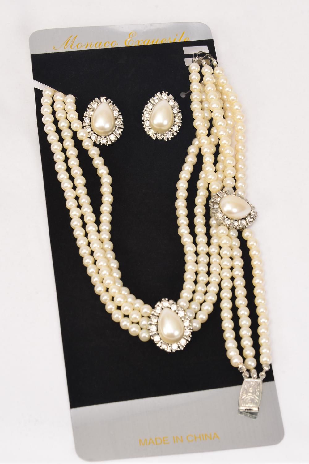 Necklace Sets 3 pcs Sets Teardrop Pearl 3 String Pearl Rhinestones ...