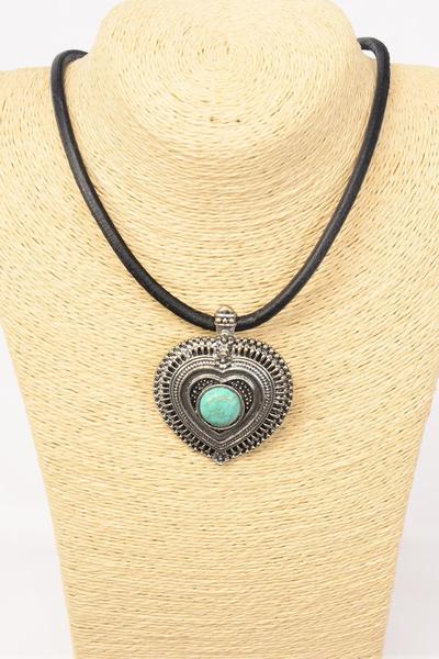 Necklace Black Leather Cord w Heart Pendant Semiprecious Stone / PC ...