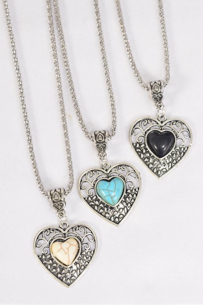 Necklace Silver Chain Metal Antique Heart Semiprecious Stone / 12 pcs ...