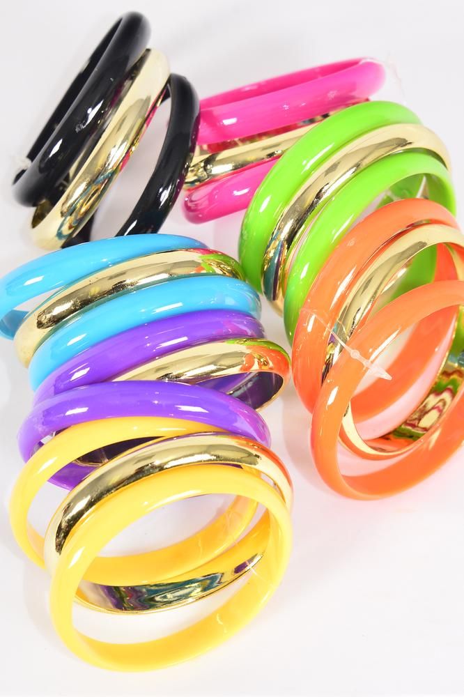 Bangles 3 pcs Acrylic Color & Gold Mix/DZ Size-2.75"x 0.50" Dia Wide,2 ...