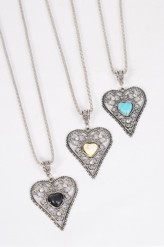 Necklace Silver Chain Metal Antique Filigree Heart Semiprecious Stone ...