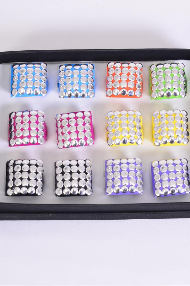 Rings Acrylic Square Silver Studded Multi/DZ **Multi** Size-With 1 ...