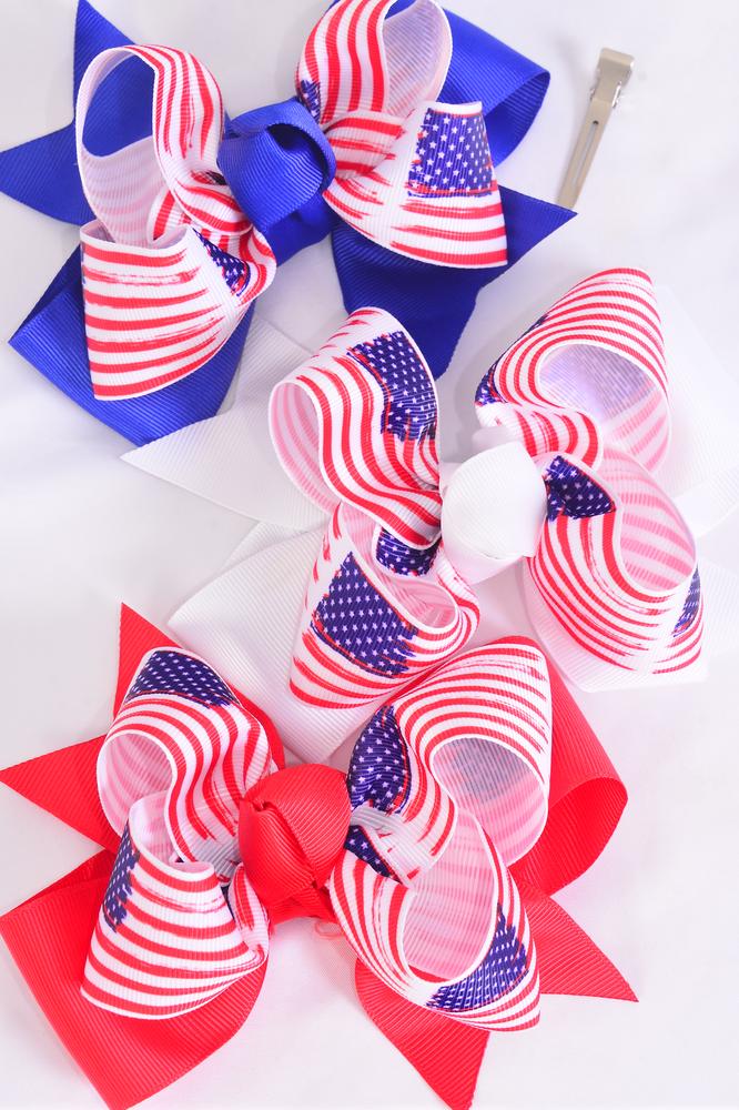 Hair Bow Jumbo Double Layered Patriotic-Flag Grosgrain Bow-tie / 12 pcs ...